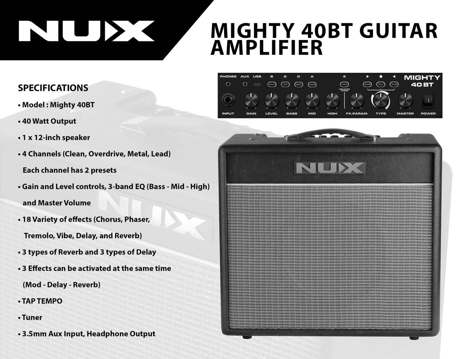 NUX MIGHTY 40 BT Guitar Amplifier Digital 40watt with Blutooth and ...