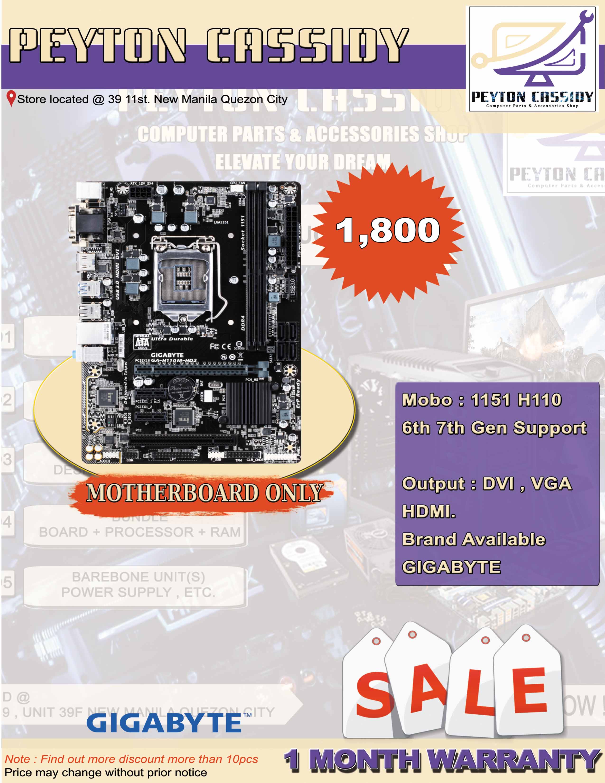 MOTHERBOARD LGA 1151 H110 6TH GEN 7TH GEN SUPPORT , BRAND GIGABYTE ASUS ...