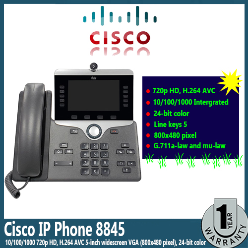 IP Phone 8845 5-inch Widescreen Cisco VGA (800x480 pixel), 24-bit color ...