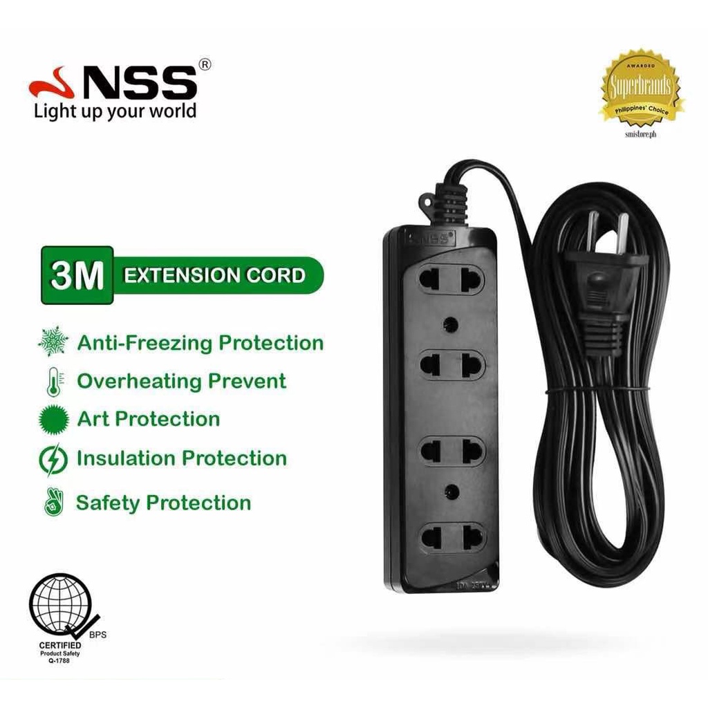 Extension Cord 4 Gangs/4 Sockets Heavy Duty Black NSS NS-9174-3M/5M/8M ...