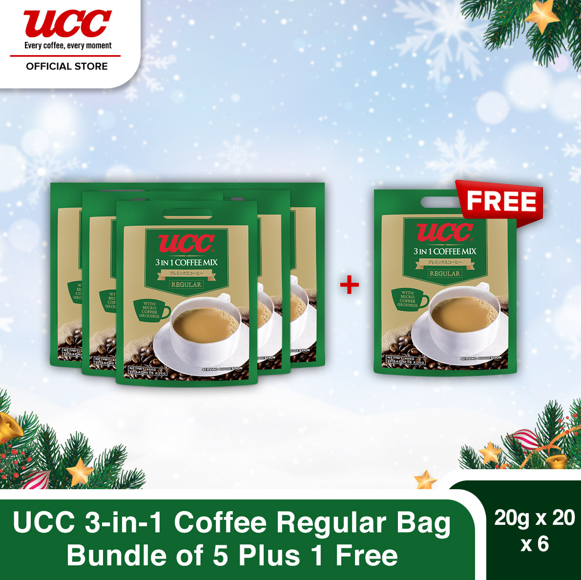 UCC 3-in-1 Coffee Regular Bag 20g x 20 (Bundle of 5) Plus 1 FREE | Lazada PH