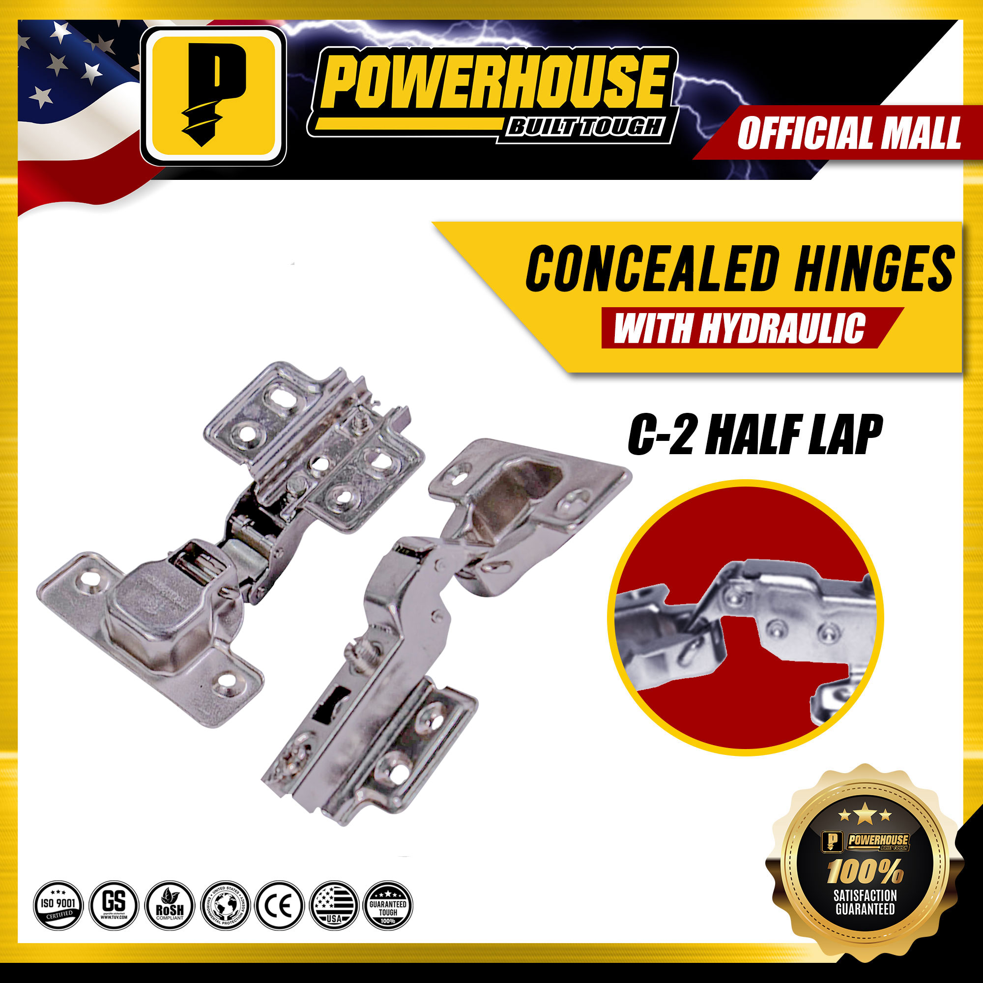 POWERHOUSE USA Heavy Duty 2PCS Soft Close Hydraulic Concealed Hinges Cabinet Door SOLD BY PAIRS ...