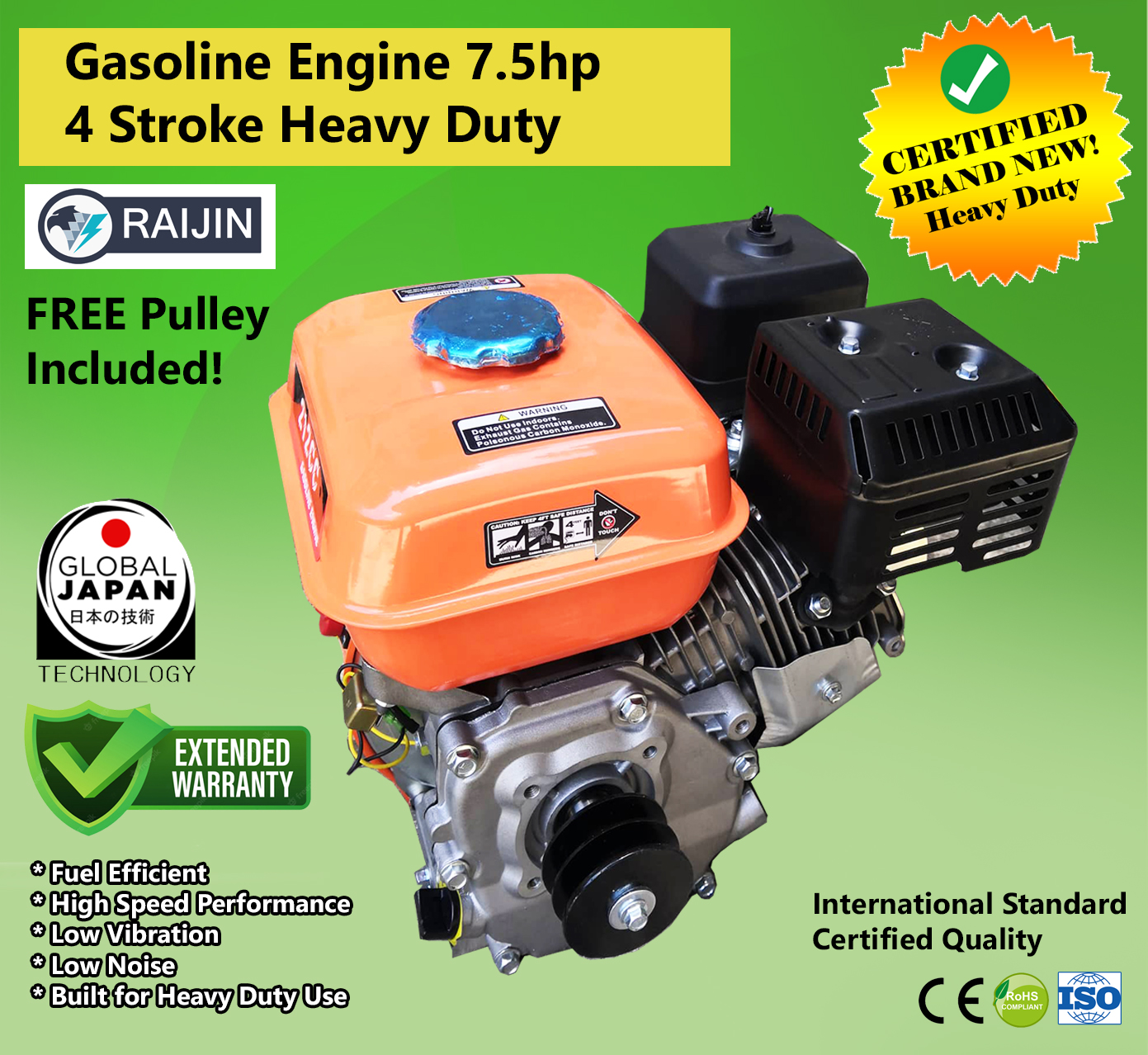 Petrol Gasoline Engine 7.5hp 4 Stroke Heavy Duty Industrial Free Pulley ...