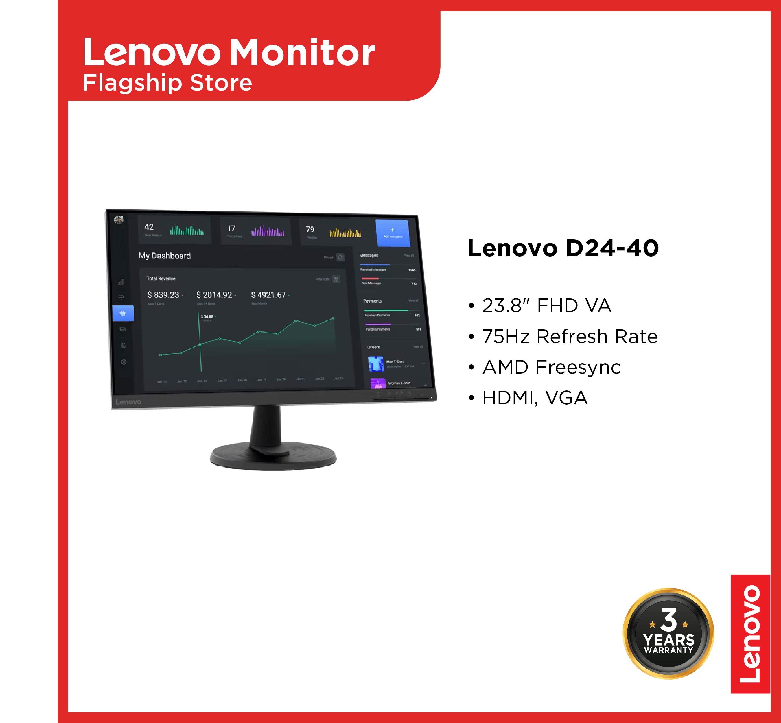 Lenovo D24-40 Monitor 23.8in VA FHD 1920x1080 4ms 75Hz 250 nits 72% ...