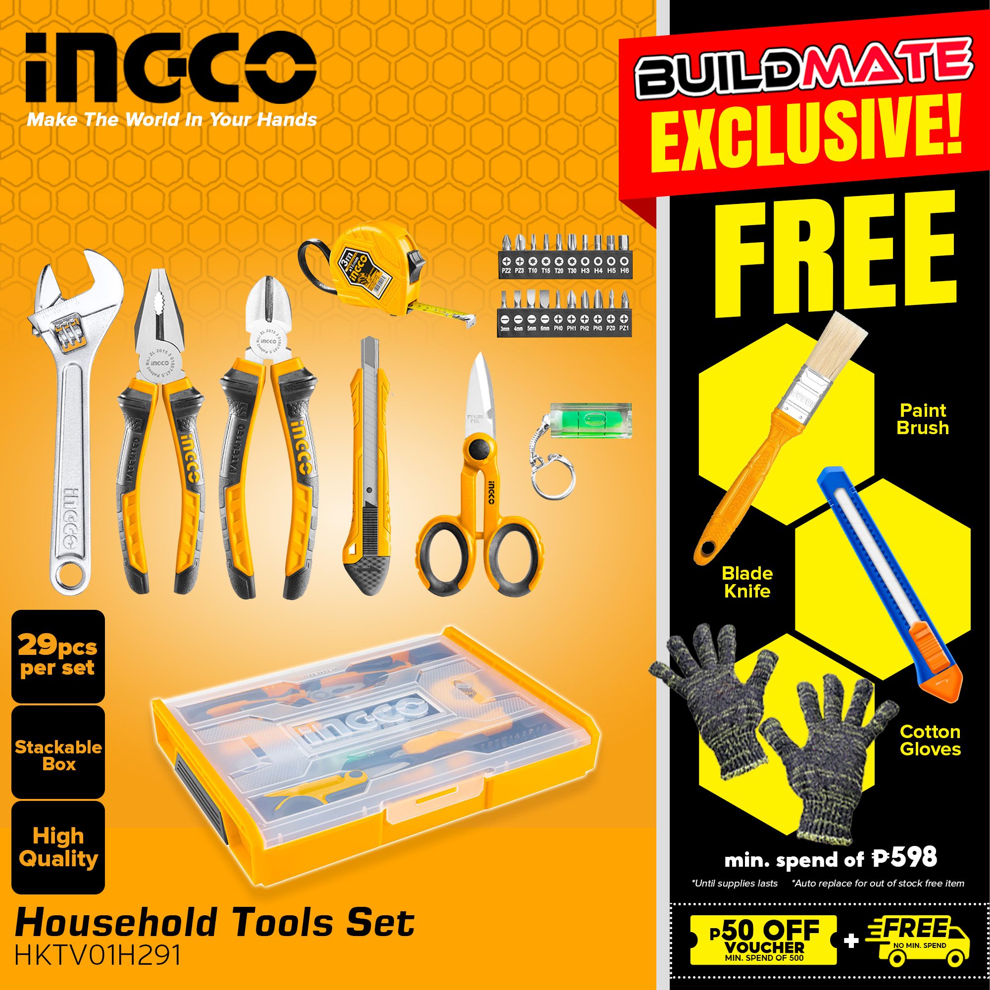 INGCO 29PCS Household Tools Set Cr-V Steel Hand Tool Set Heavy Duty ...