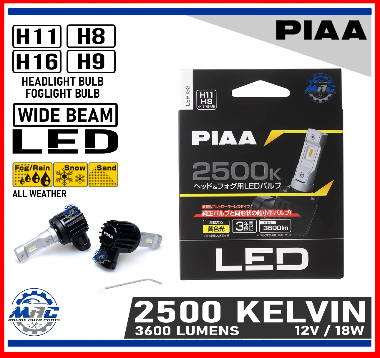 PIAA LED Headlight Foglight Bulb H11/H8/H16/H9 2500K (LEH192) SUPER BRIGHT with built in ...