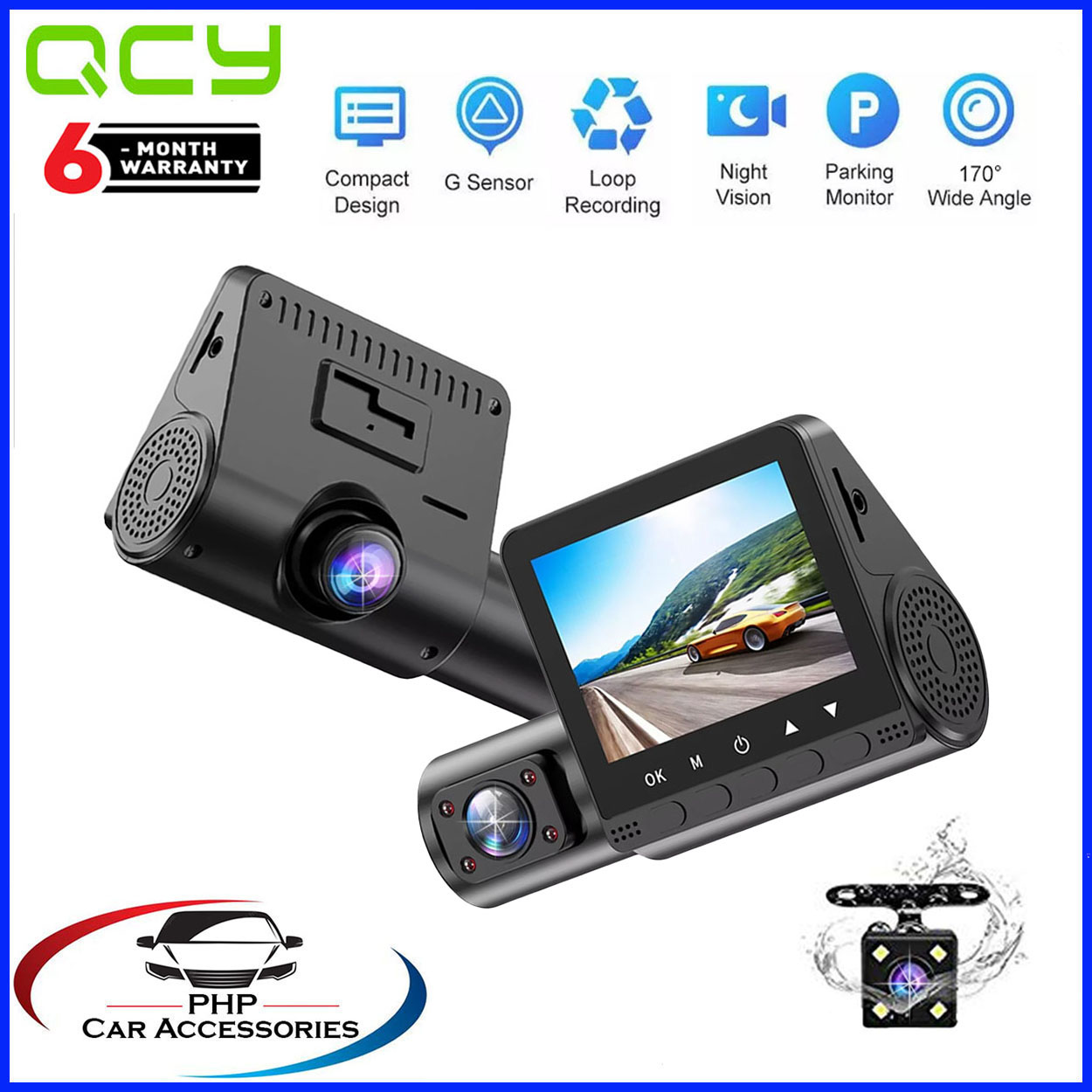 QCY 3 Channel Dash Cam Car DVR HD 1080P Inside Vehicle Three Way 3 ...