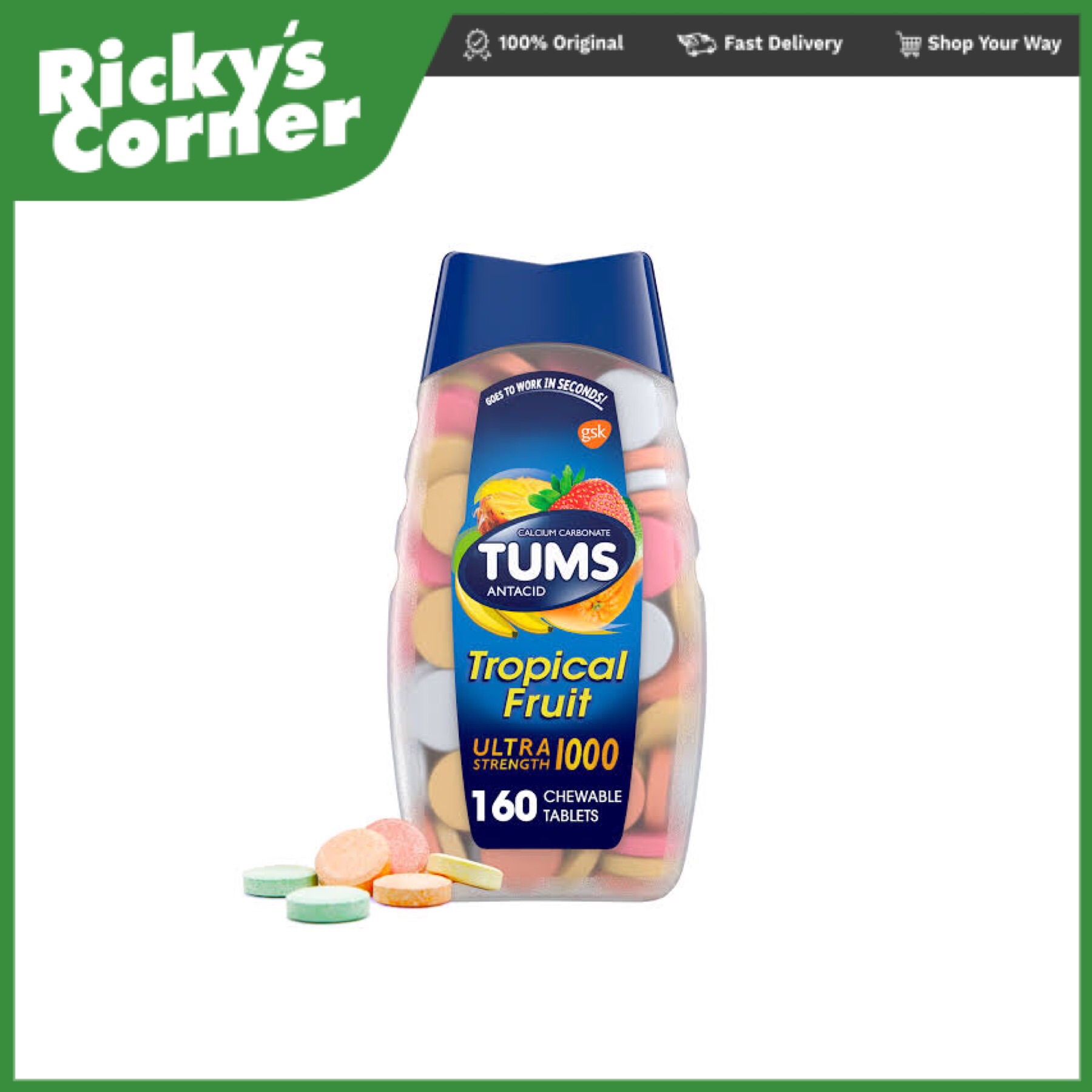 Tums Antacid Ultra Strength 1000 Chewable Tablets Assorted fruit 160 ...