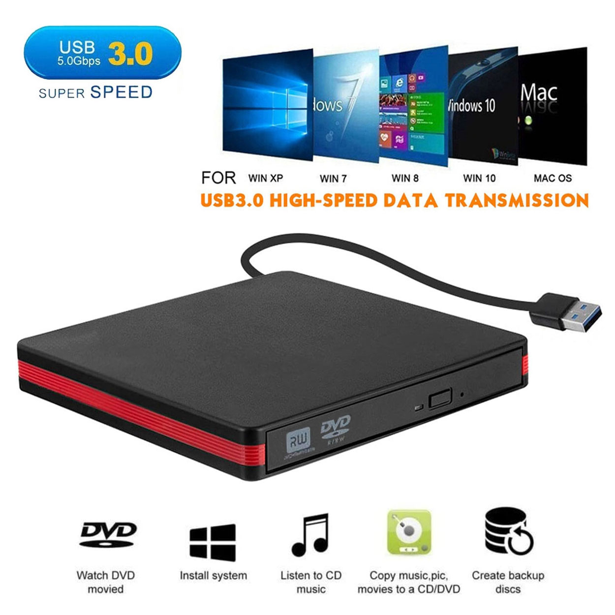 External CD Drive, USB 3.0 Portable CD/DVD +/-RW Drive Slim DVD/CD ROM ...
