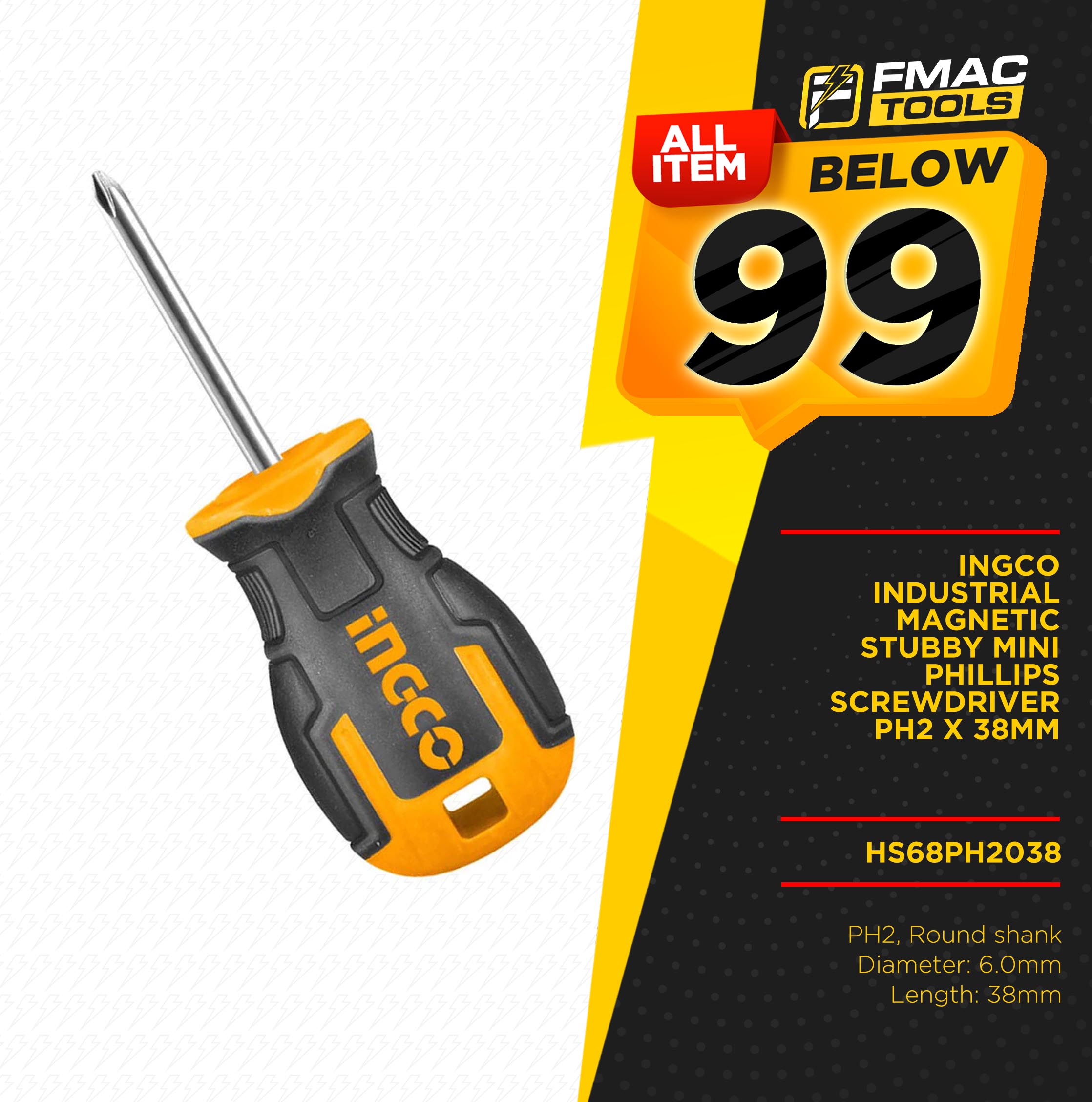 INGCO Industrial Magnetic Stubby Mini Phillips Screwdriver PH2 x 38mm ...