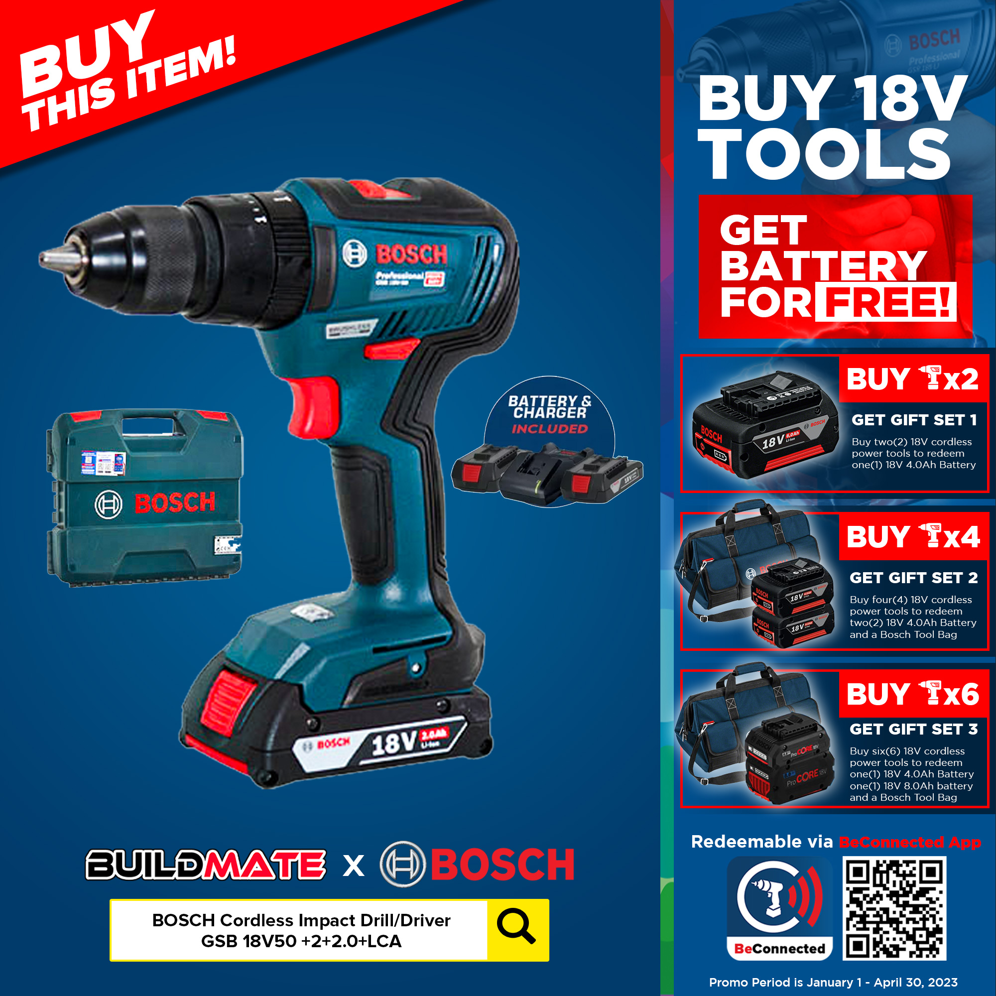 BOSCH Professional Cordless Impact Drill / Driver 18V GSB 18V-50 +2+2.0 ...
