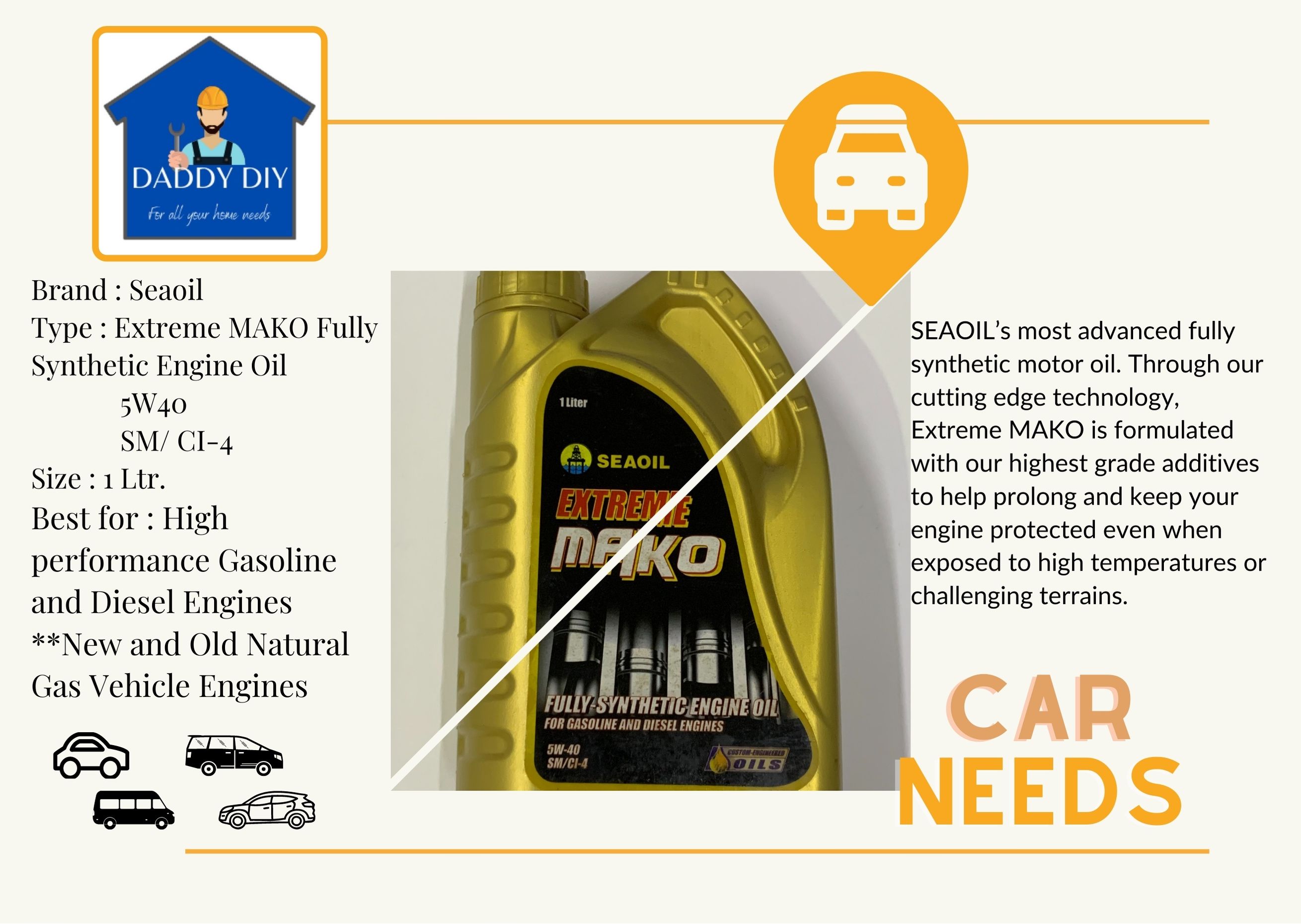 Seaoil Extreme MAKO Fully Synthetic Engine Oil 5W-40 SM/CI-4 | Lazada PH
