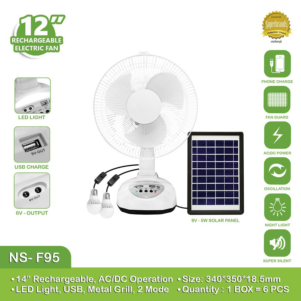 Solar electric fan 12 inch rechargeable 2 LED lights 220V AC desktop ...