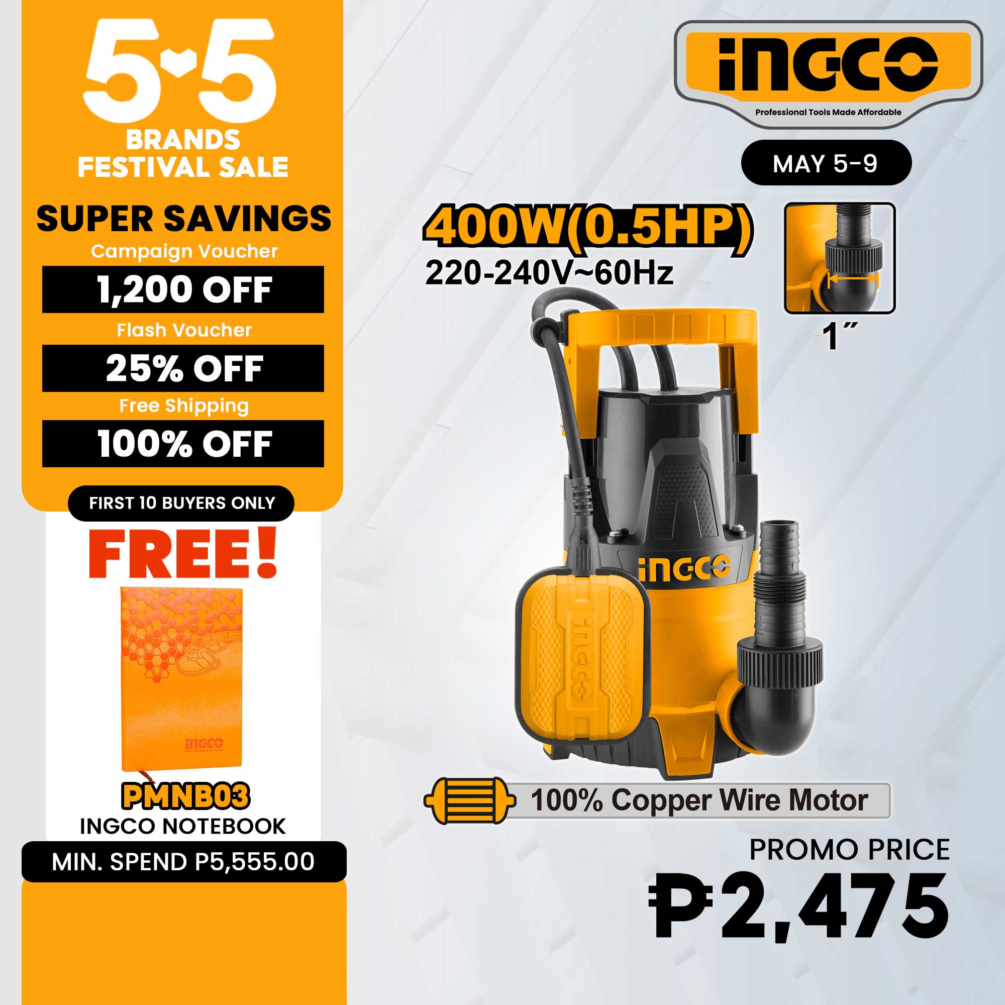 INGCO Submersible Pump 400W 0.5HP (100% Copper Motor) SPC4001-5 ...
