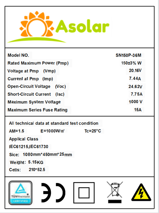 【Asolar】150 Watts Solar Panel 18V Solar Panel Full Power ...