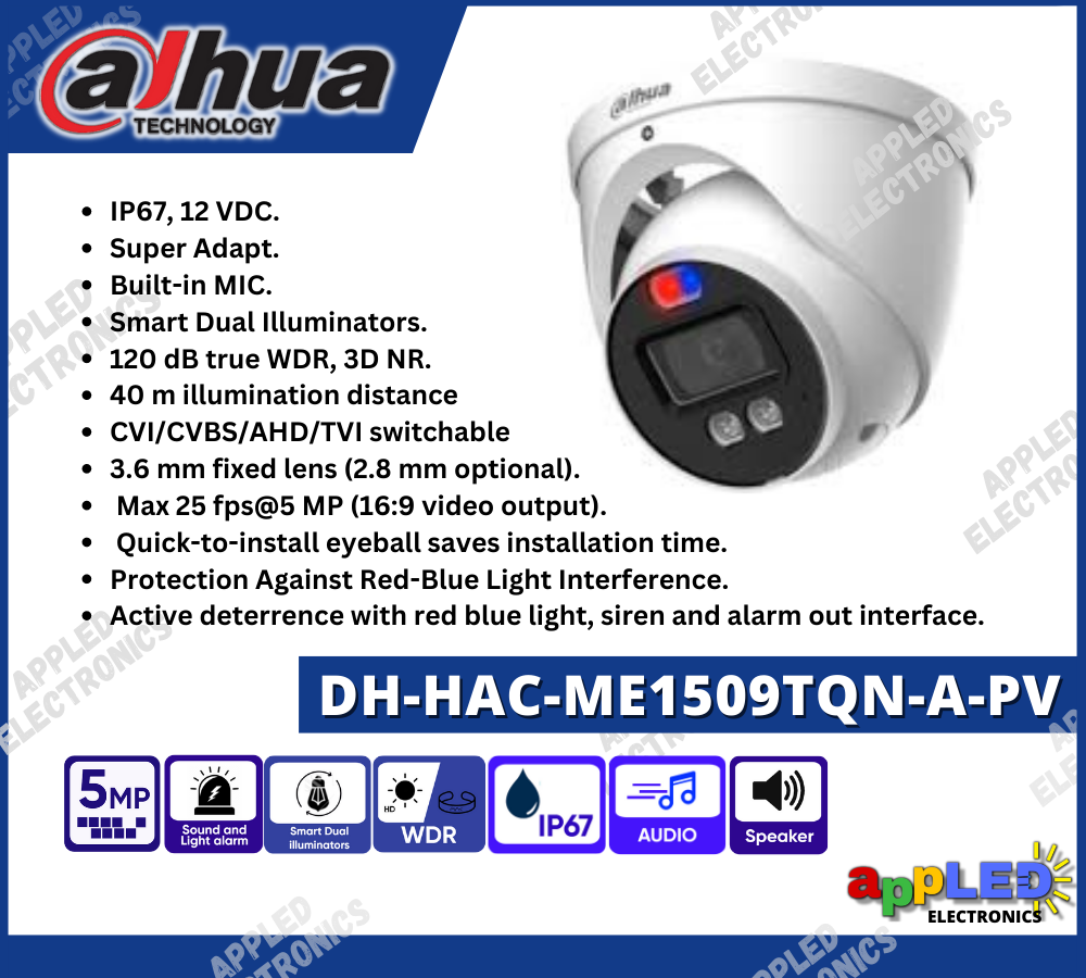 Dahua DH-HAC-ME1509TQN-A-PV 5MP Smart Dual Illuminators Active Deterrence HDCVI Analog Eyeball ...