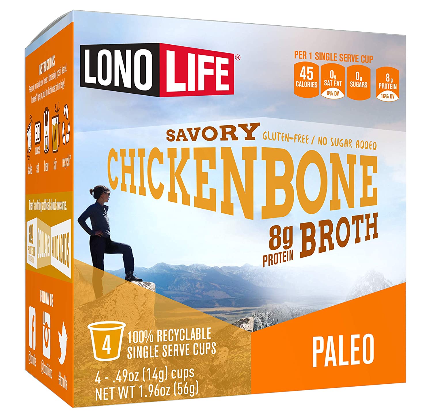 LonoLife Chicken Bone Broth Powder with 10g Protein, Single Serve Cups ...