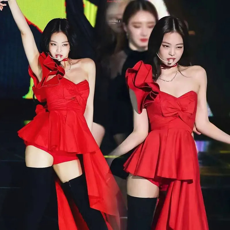 K-pop Jennie Stage Outfit Women Red Dress Concert Outfits Festival ...