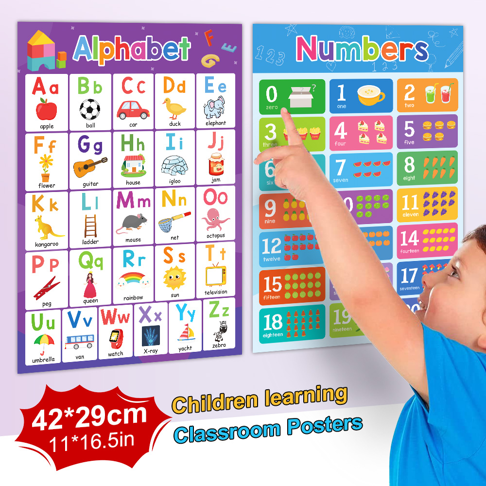 2 PCS ABC Alphabet & Number Educational Preschool Posters Wall Chart ...