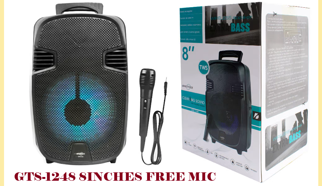 GTS-1248 rechargeable portable wireless Bluetooth speaker 8inches Extra bass handled speaker ...