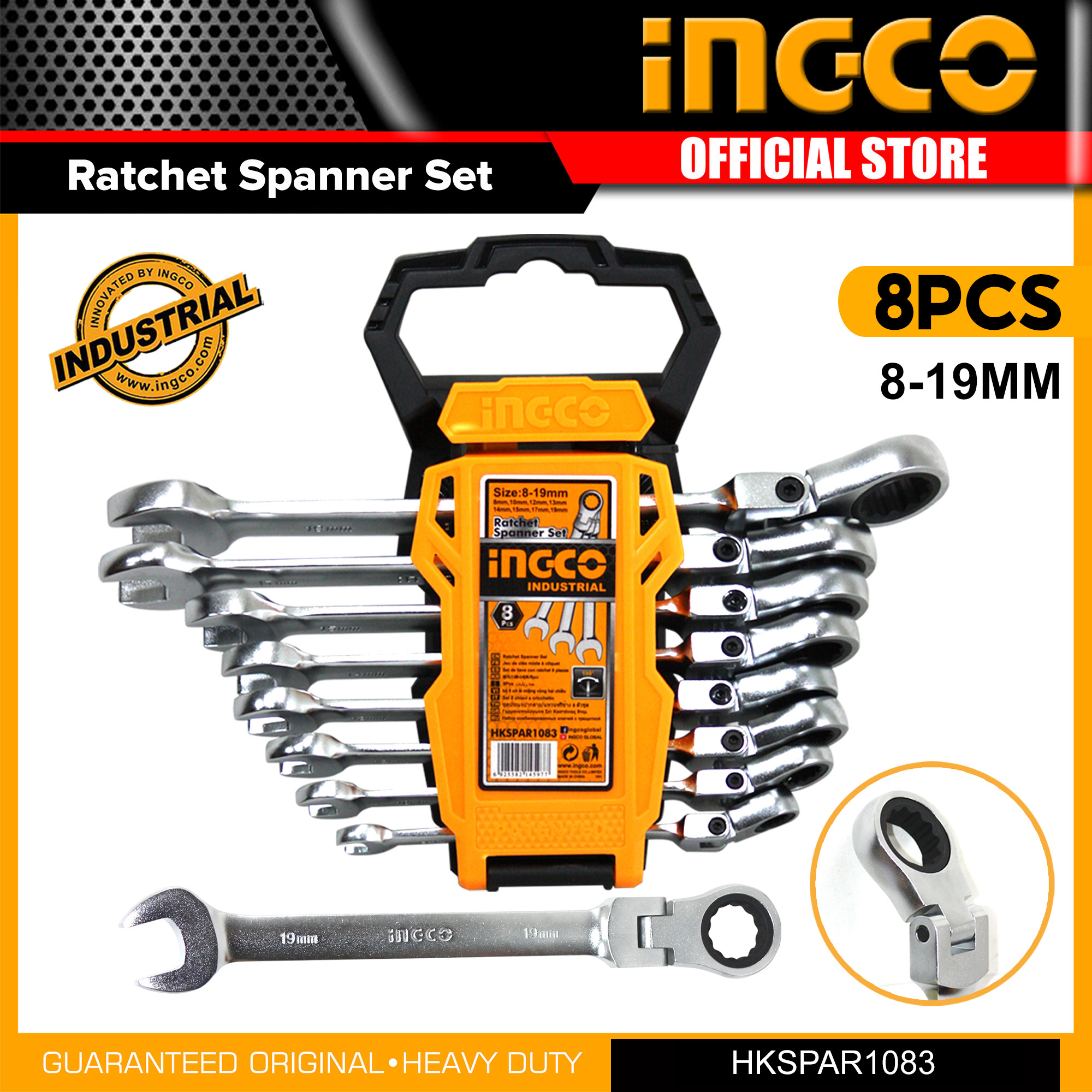 INGCO 8PCS Flexible Ratchet Combination Spanner Wrench Set 8-19MM ...