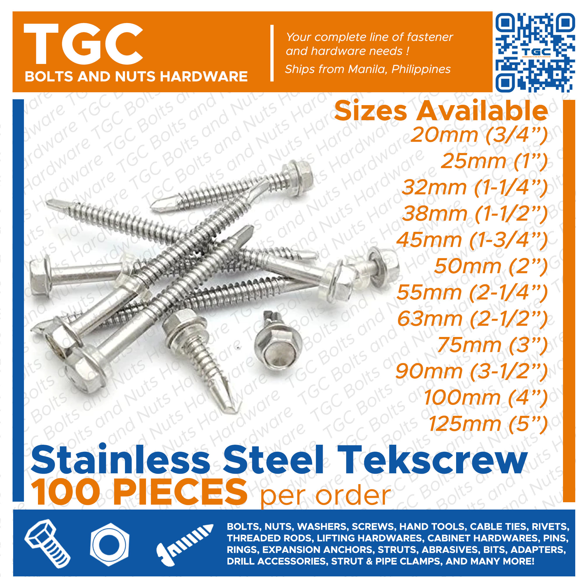 TGC 100PCS Stainless Tekscrew 12 x 20/25/32/35/38/45/50/55/63/65/75/90 ...