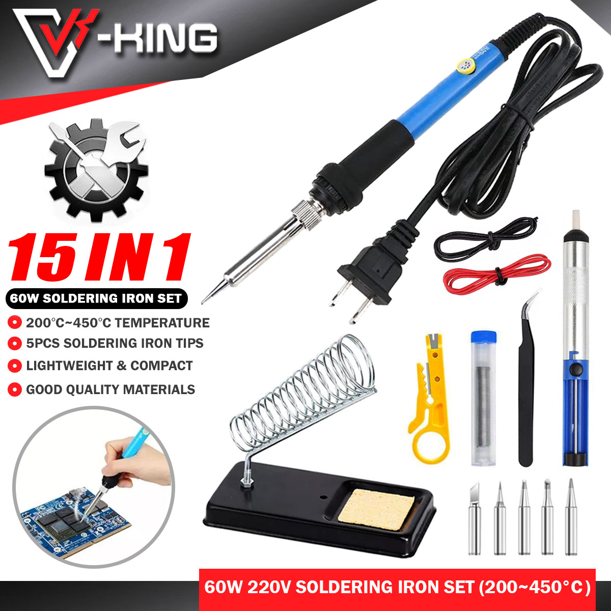 V-KING 15 in 1 60W 220V Soldering Iron Set Electronic Iron Kit ( 200 ...