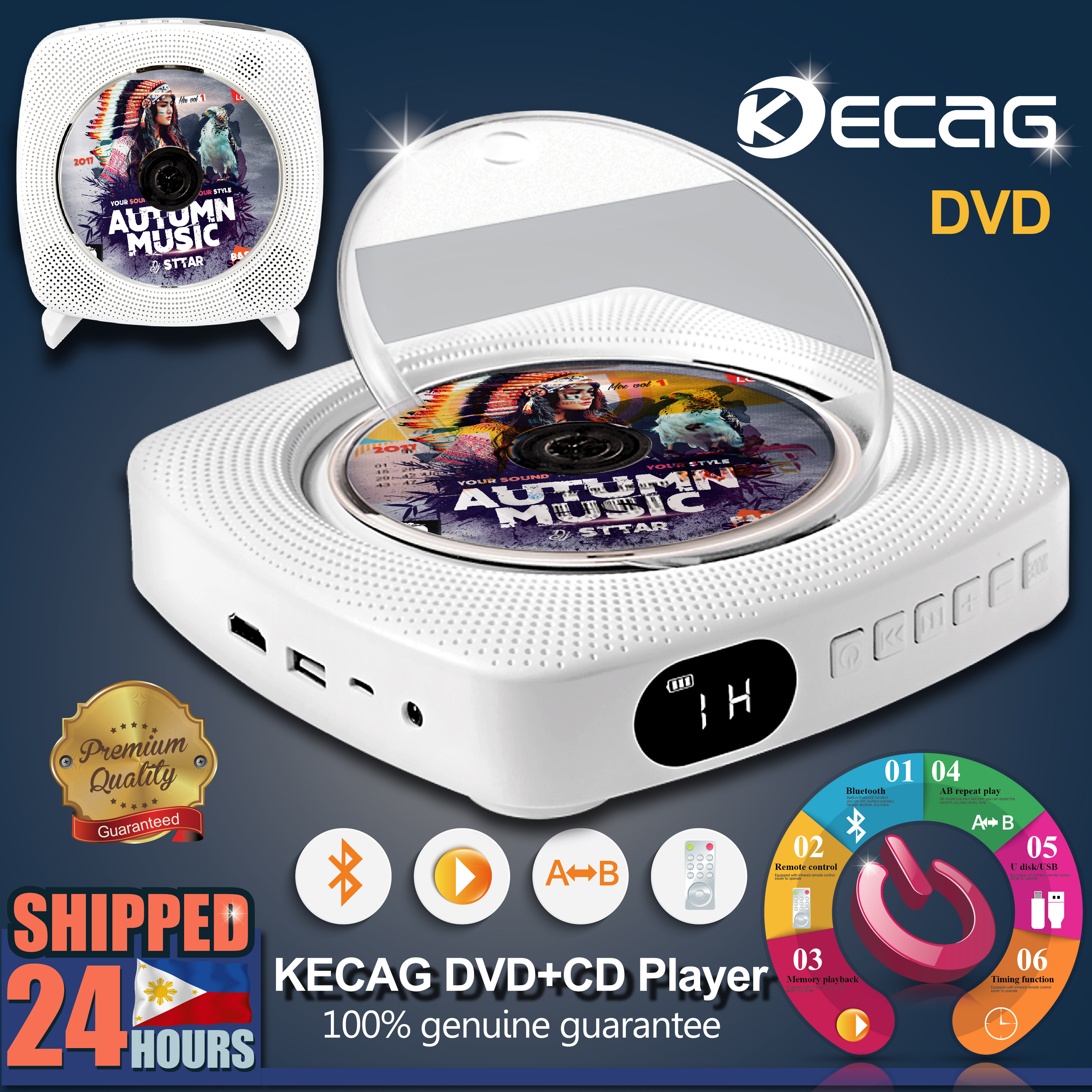 KECAG Portable DVD/CD Player With Speaker Bluetooth Wall Mountable DVD ...