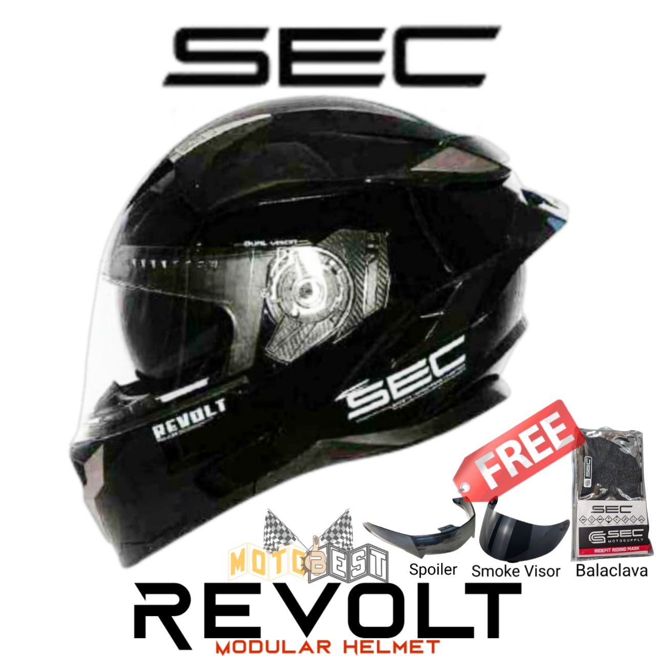 SEC Revolt Modular Helmet + FREE Extra Smoke Visor, Spoiler and ...