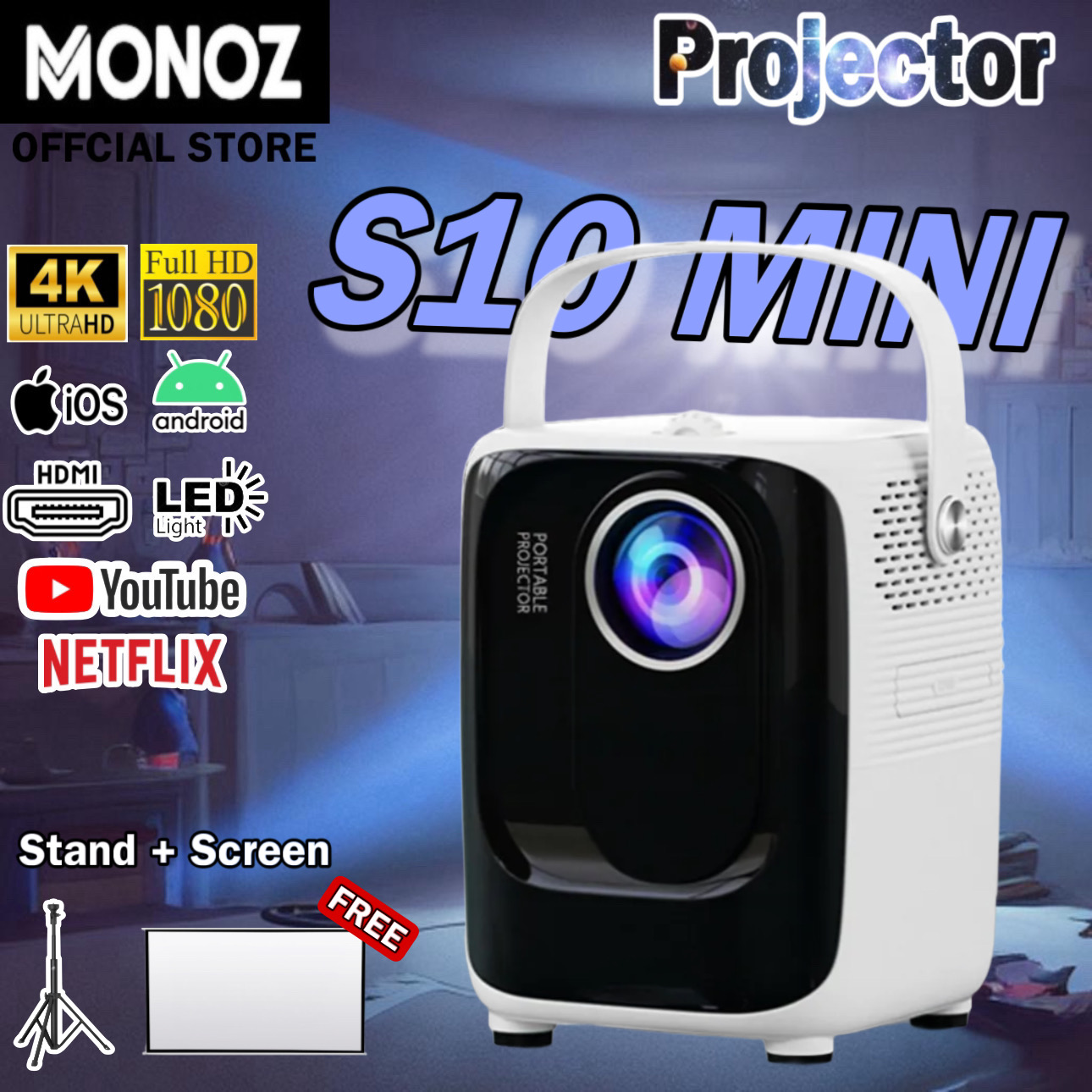 🔥6.6 PROMOTIONS🔥 MONOZ S10 Mini Projector Home Theater Android Smart TV ...