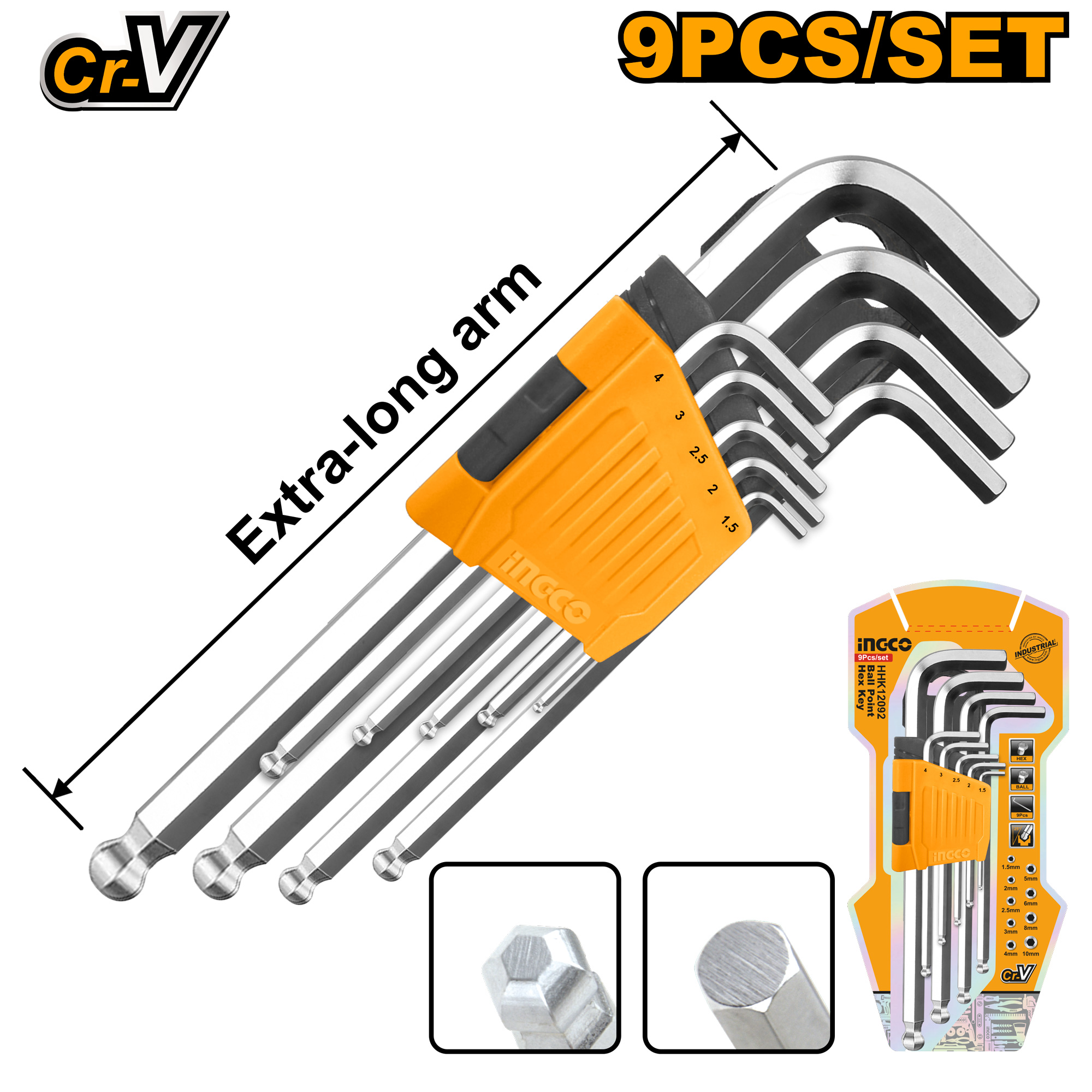 BUILDMATE Ingco 9PCS/SET 1.5mm-10mm Ball Point Hex Key Long Arm Allen ...