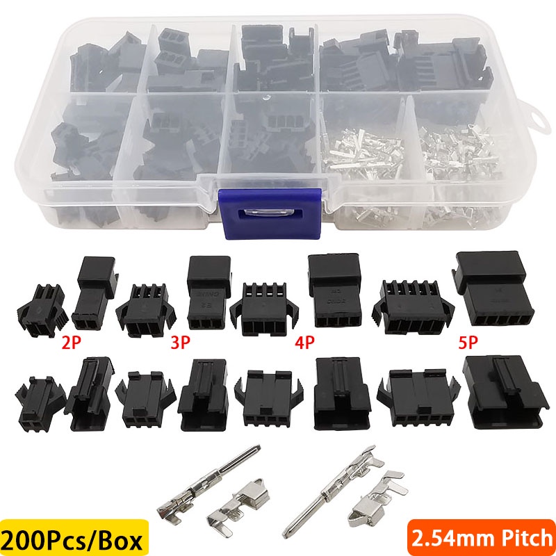 200Pcs JST 2.54mm SM Wire Connector Kit 2.54mm Pitch 2/3/4/5Pin Male/Female Electrical Jumper ...