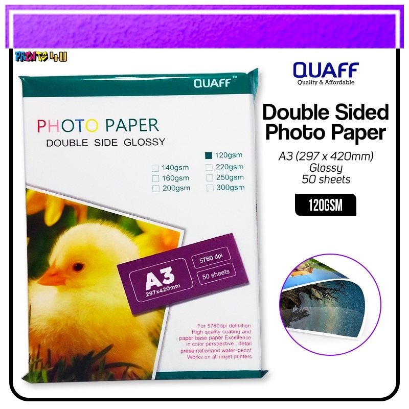 QUAFF A3 Size Double Sided Glossy Photo Paper 120gsm 220Ggsm 250gsm (50 ...