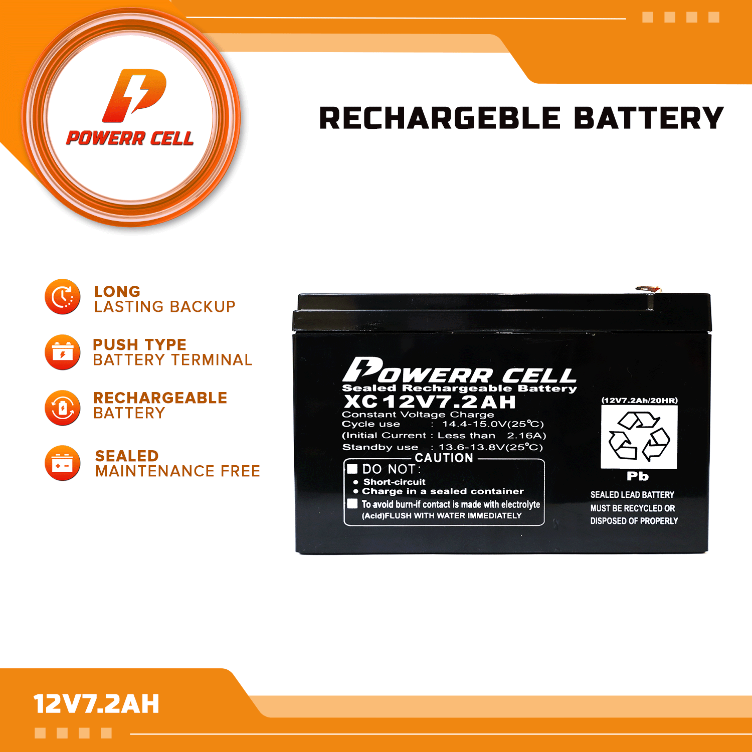 12V 7.2AH/20HR Sealed Rechargeable Battery 12 Volts 7.2 Ampere Hour ...