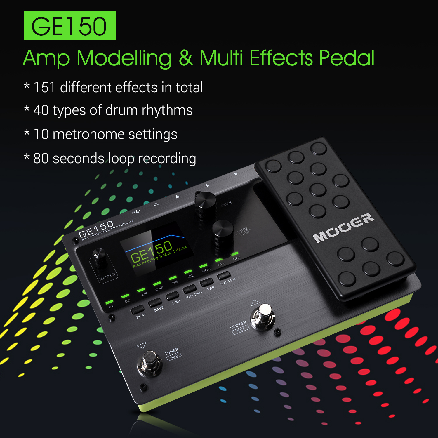 MOOER GE150 Amp Modelling Multi Effects Pedal 55 Amplifier Models 151 Effects 80s Looper 40 Drum ...
