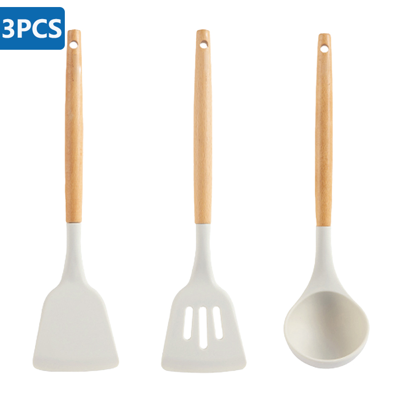 HomeAce Wooden Handle Slotted White Color Non-Stick Food Grade Silicone ...