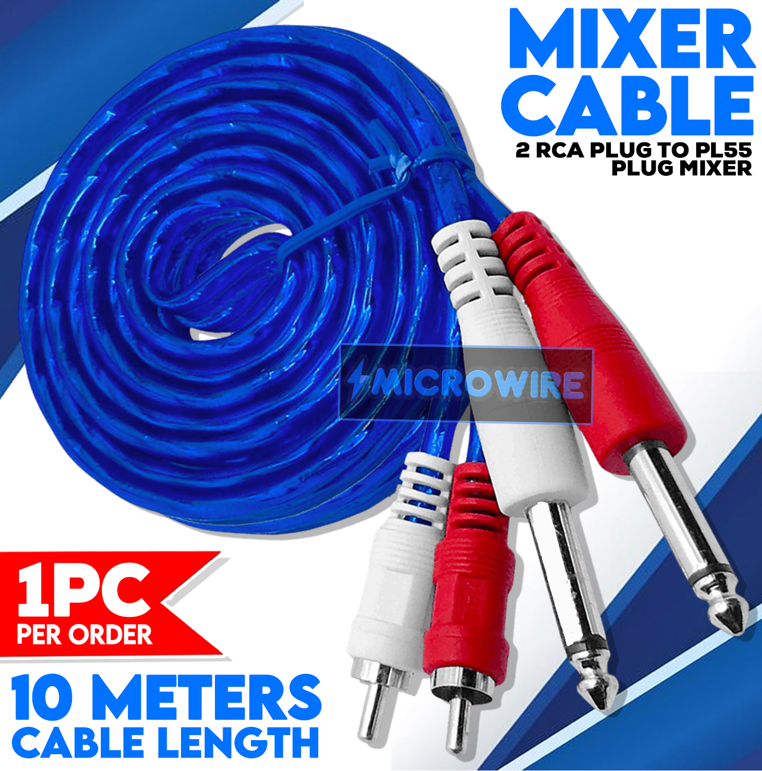 Mixer Cord 2 RCA Plug to 2 PL55 Plug Mixer PL55 10 METERS HEAVY DUTY ...