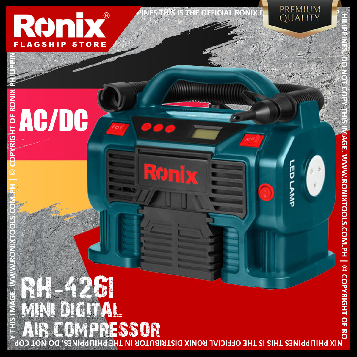 New! 🇩🇪 Ronix RH-4261 AC/DC MINI DIGITAL AIR COMPRESSOR w/ Emergency ...