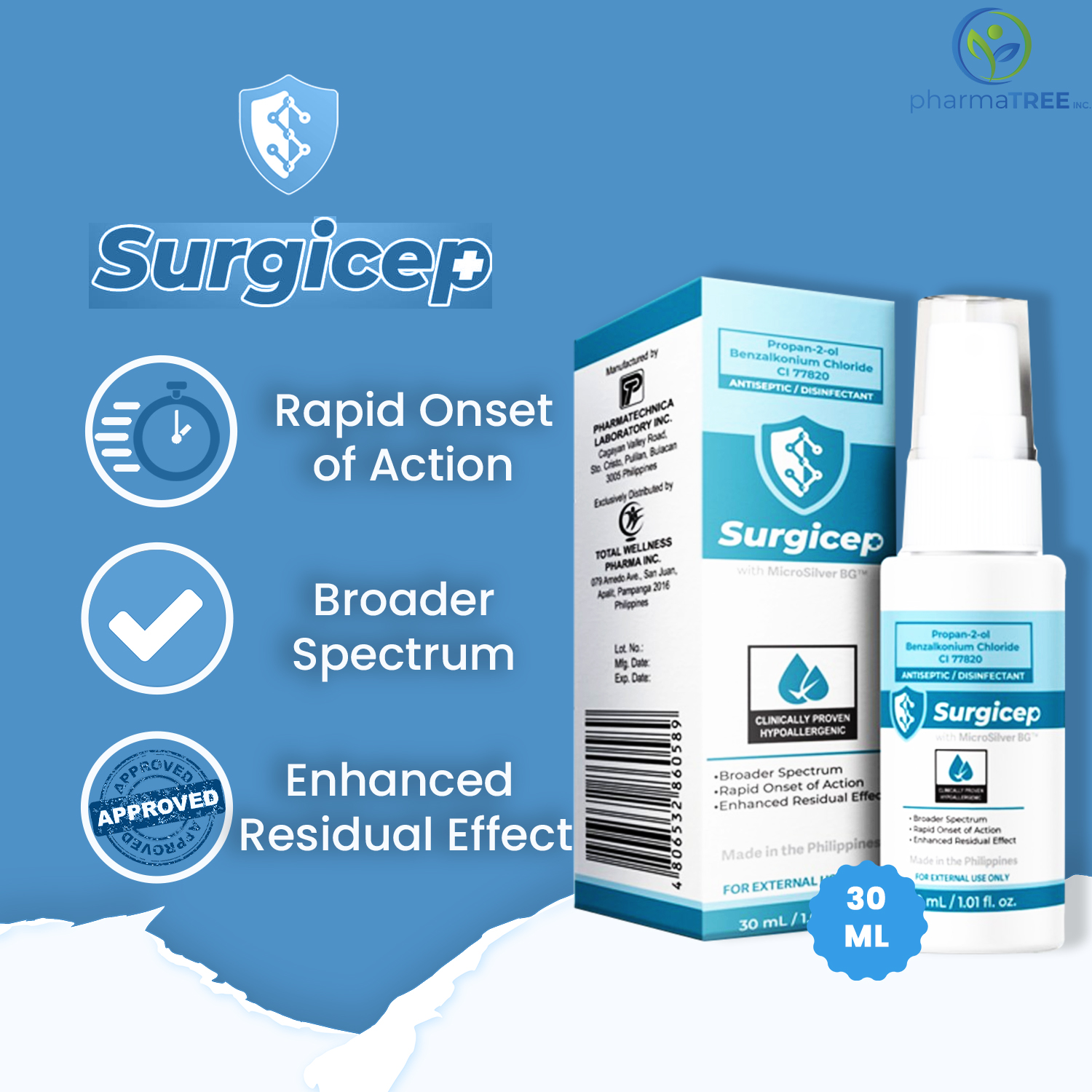 Surgicep+ 30ml - Antiseptic/Disinfectant (Skin Cleansing Solution) with ...