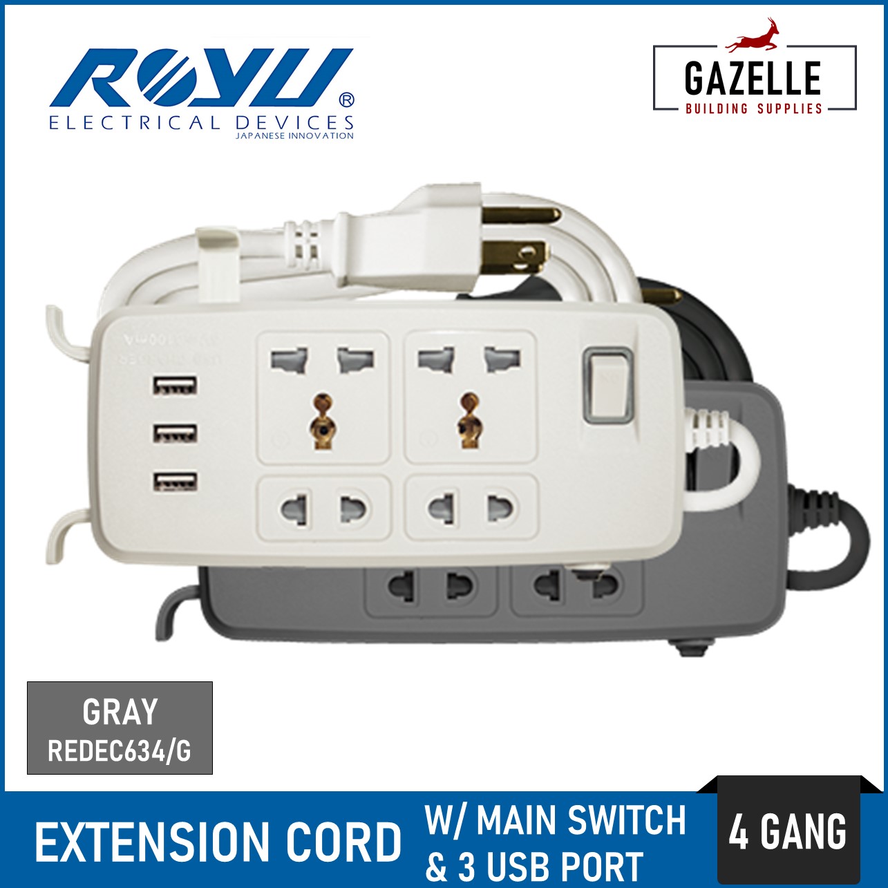 Royu Power Extension Cord Outlet with Switch and 3 USB - 4 Gang ...