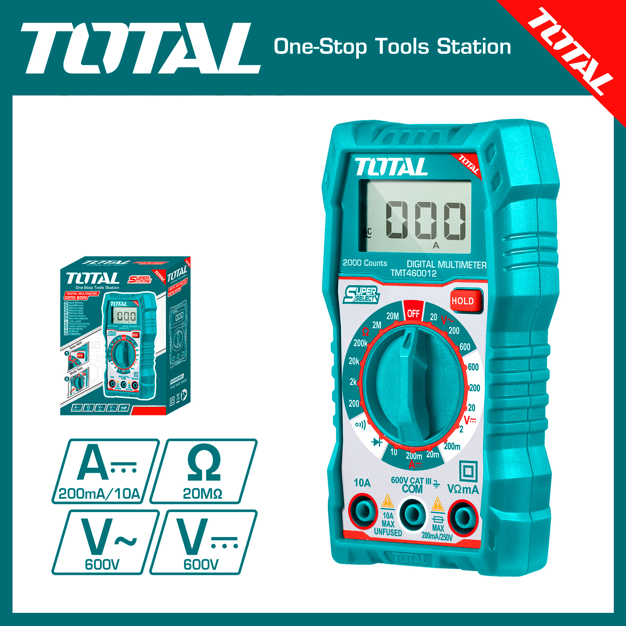 TOTAL TMT460012 Digital Multimeter 2000 Counts LCD Display With Lower ...