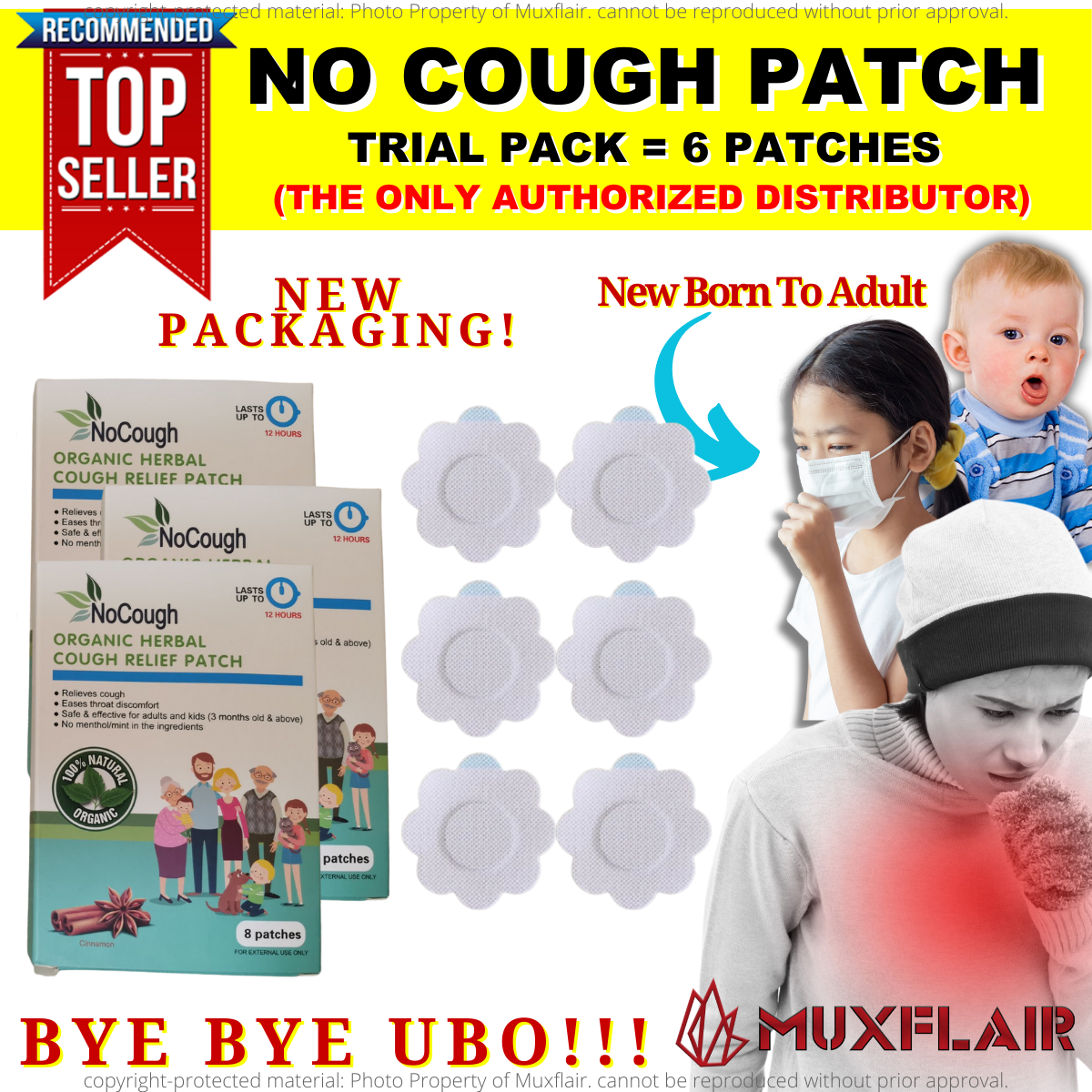 3 sachets - 6 Patches NoCough Relief Patch No Cough Organic Herbal 12 ...