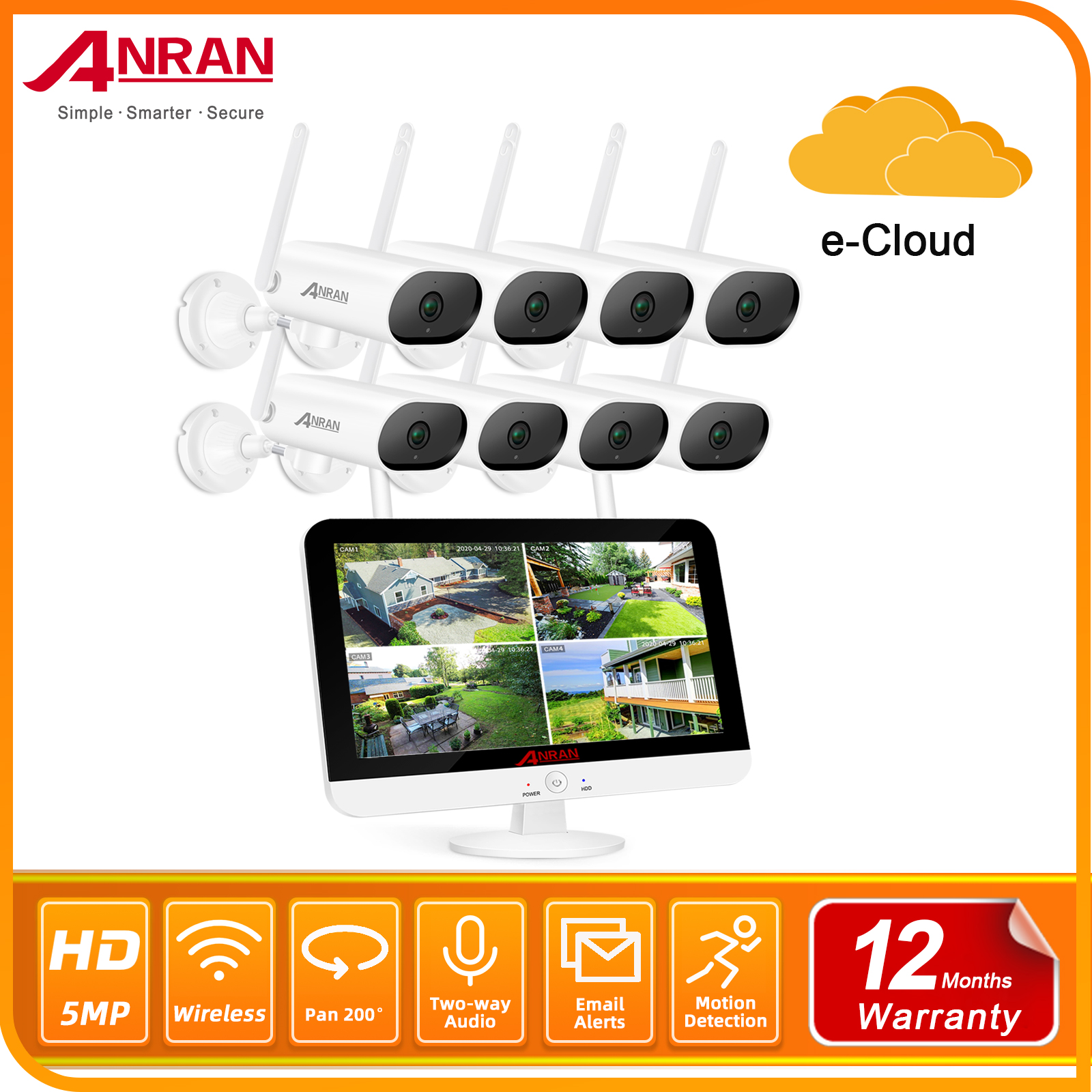 ANRAN CCTV Wireless, 5MP 8 Channel 13" LCD Monitor & 8pcs PTZ Wifi ...