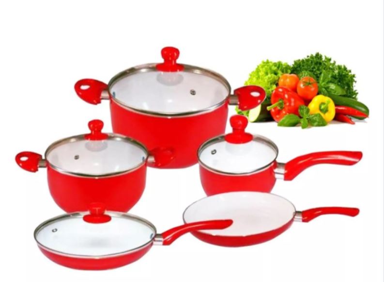 Red Ceramic Cookware Set Non-Stick Pot and Pans 9-piece | Lazada PH