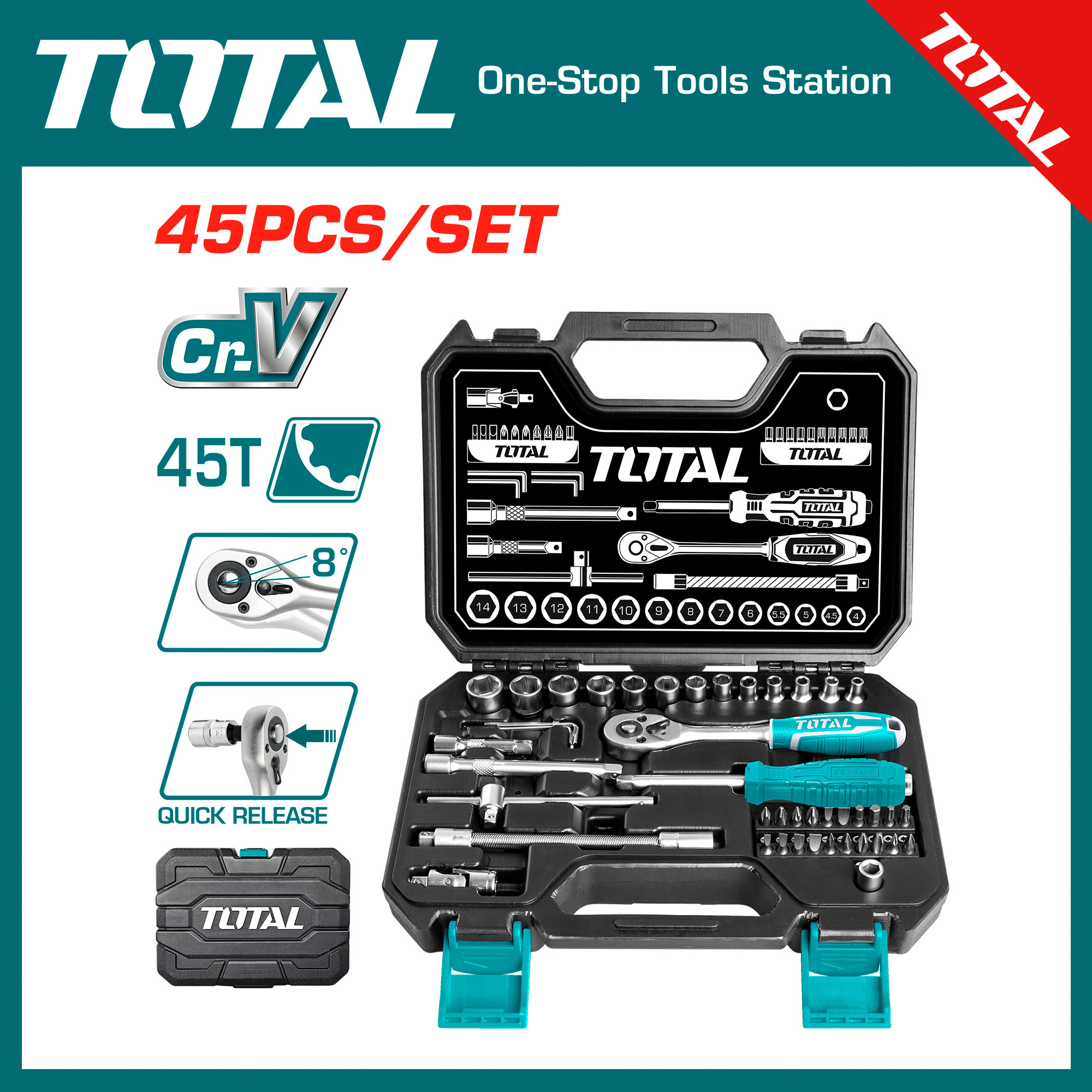 TOTAL THT141451 Combination Socket Wrench Tools Set 45PCS for Mechanic ...