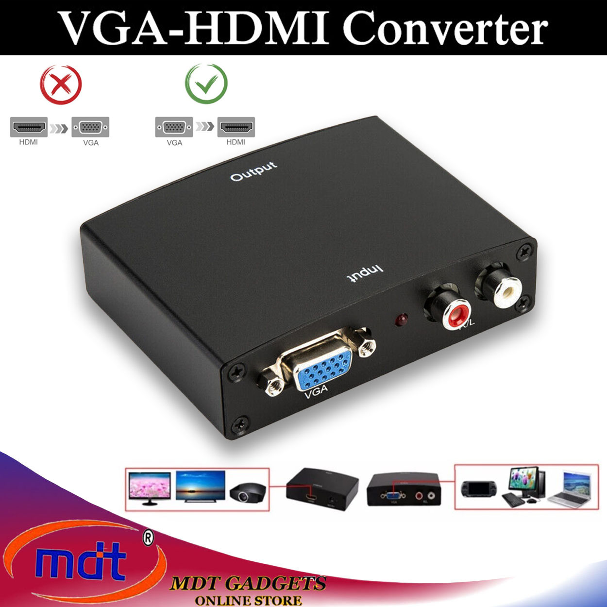 VGA + R/L Audio to HDMI Converter Input and Output Converter Metal Box ...