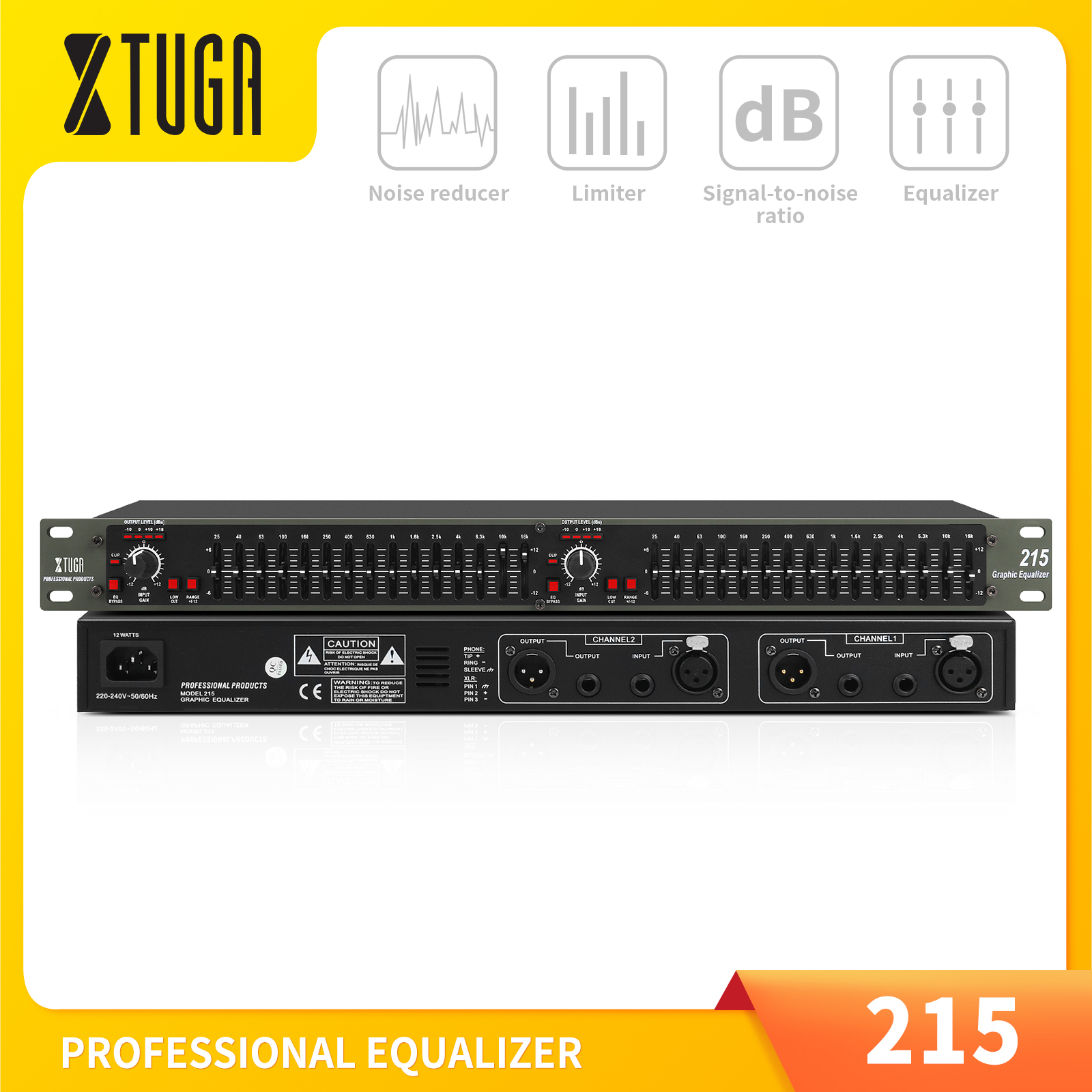 XTUGA Professional Equalizer 215 Dual Channel 15 Band Graphic EQ, Built-in Limiter, EQ Bypass ...