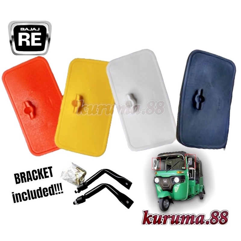 BAJAJ RE/TVS KING SIDE MIRROR SET (square type) with bracket Yellow/Red ...