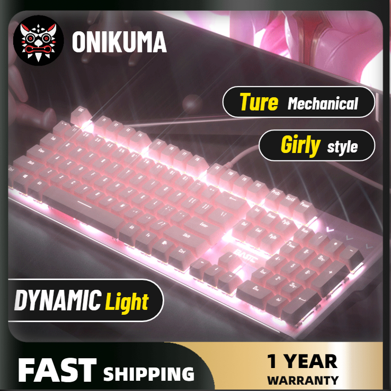 Onikuma Xueyue Girl Pink Gaming Mechanical Keyboard 104 Key Blue Switch ...