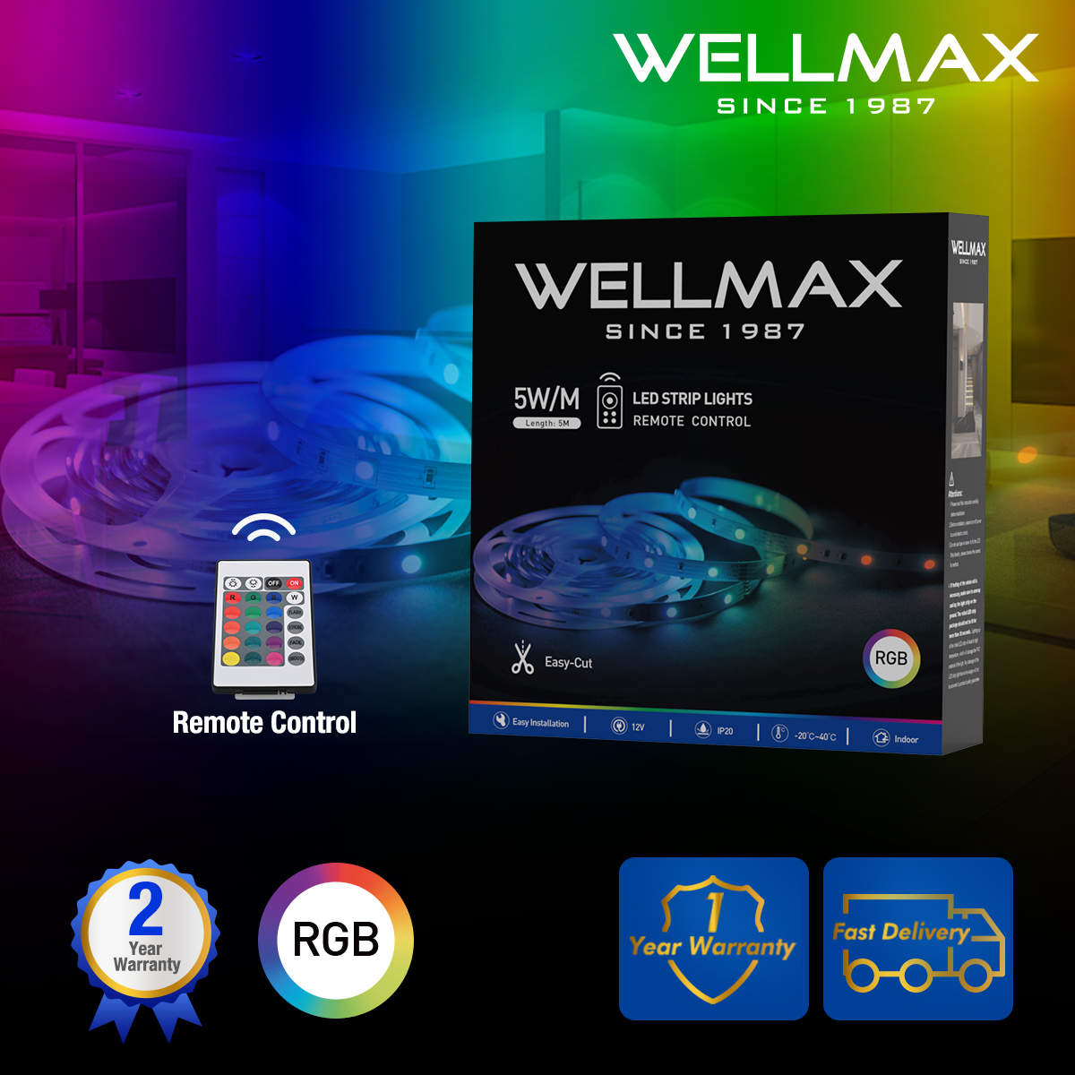 【Warranty】WELLMAX RGB LED Strip Light 5M 12V Decorative Lights Include ...